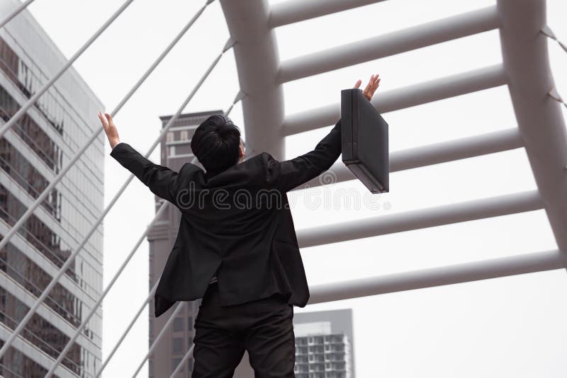 Businessman Happy and Raise Hand for Success Concept, Back View Stock ...