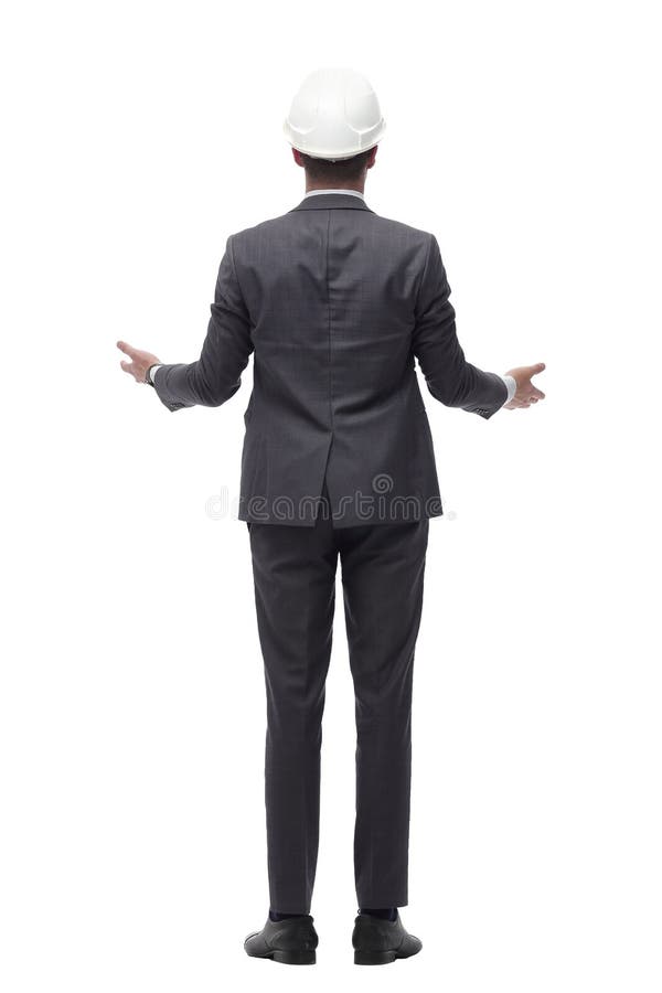 Businessman in Hard-hat Looking at Blank White Screen. Isolated on ...