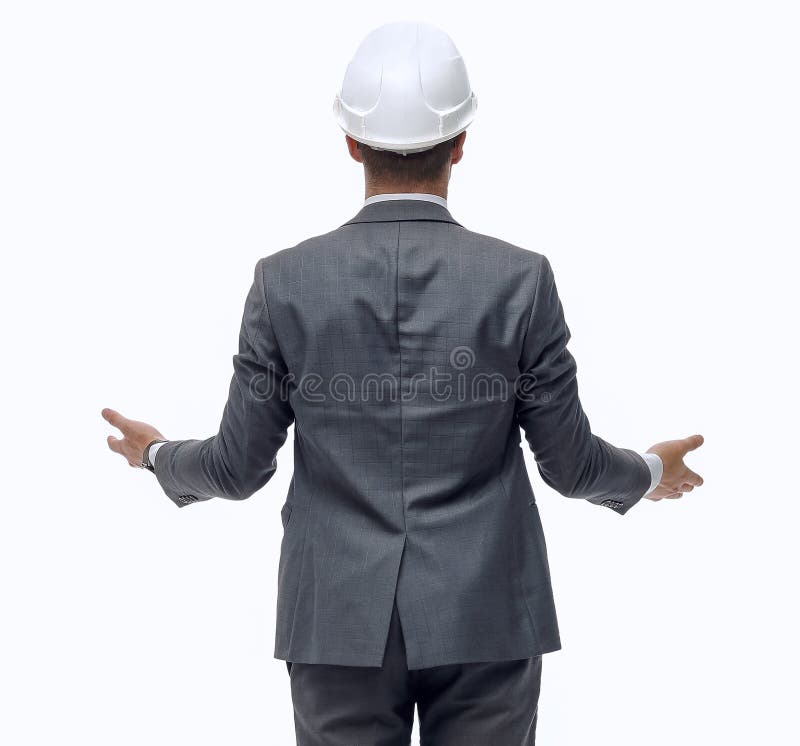 Businessman in Hard-hat Looking at Blank White Screen. Isolated on ...