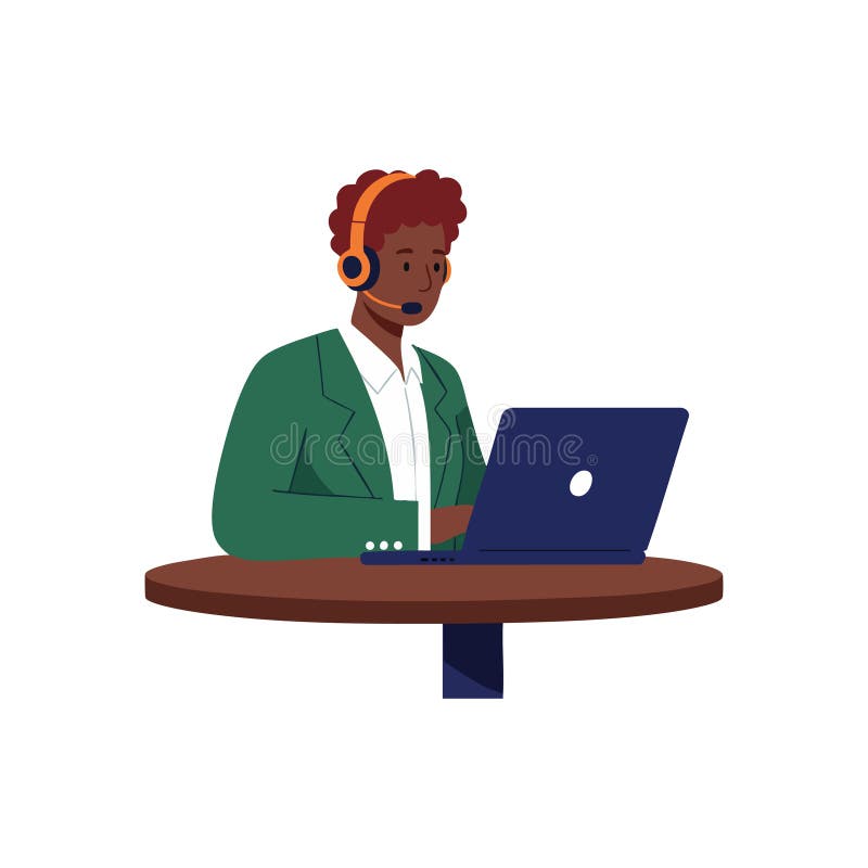 Businessman with Headset Working on Laptop at Round Table in Office ...