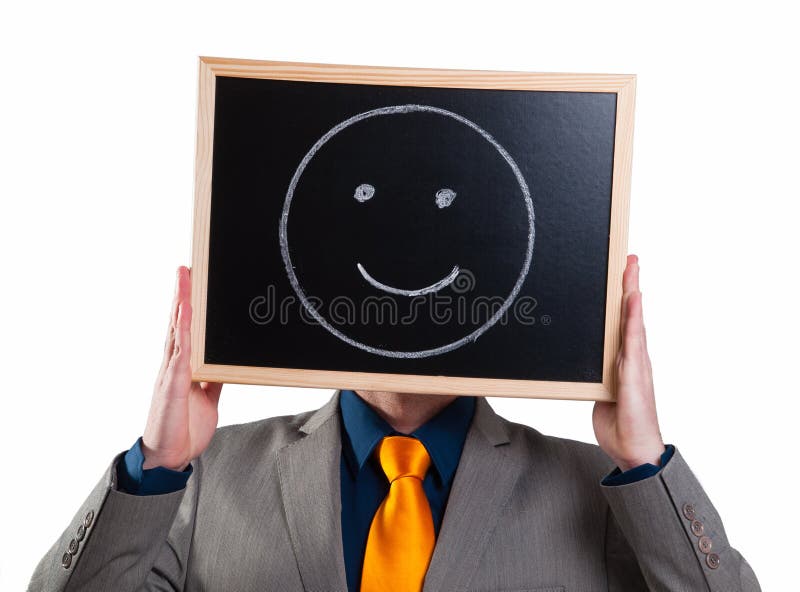 Businessman Hiding His Face with a White Billboard with a Smiley Stock ...