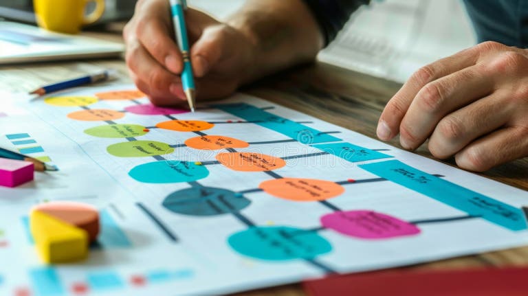 Businessman at His Desk Analyzing a Flowchart with Sticky Notes and a ...