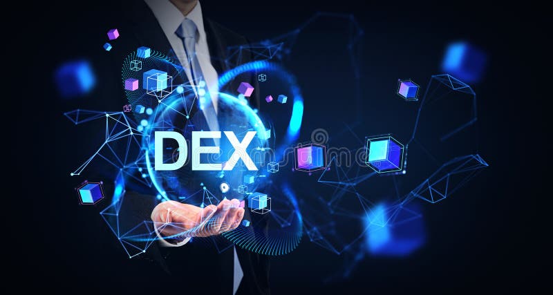 Businessman Hold DEX and Earth Globe Hologram with Blockchain Stock ...