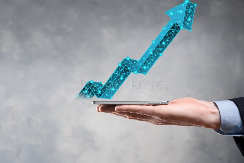 Businessman Hold Graph, Arrow of Positive Growth Icon.pointing at ... Businessman Hold Graph, Arrow of Positive Growth Icon.pointing at ...