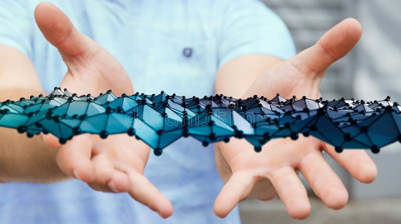 Businessman Holding Abstract Wave Connection with Dots and Lines Stock ...