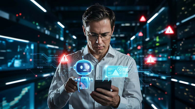 Businessman Holding AI Chatbot with Cybersecurity Alert – Hacking ...