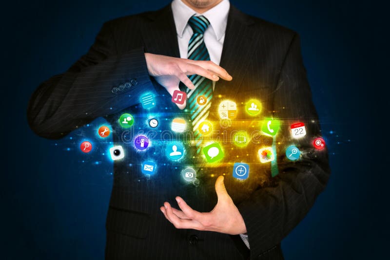 Businessman Holding App Icon Cloud Stock Photo - Image of background ...