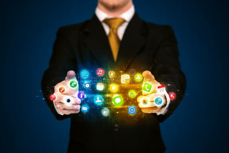 Businessman Holding App Icon Cloud Stock Image - Image of confident ...