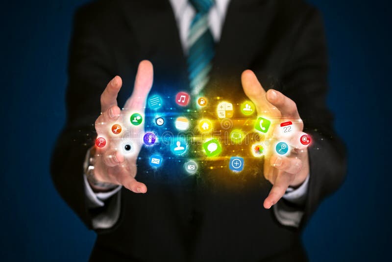 Businessman Holding App Icon Cloud Stock Photo - Image of mobile ...