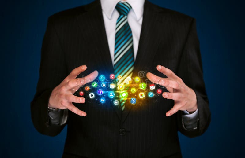 Businessman Holding App Icon Cloud Stock Image - Image of care ...