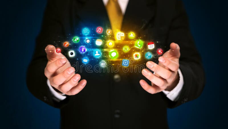 Businessman Holding App Icon Cloud Stock Image - Image of computer ...