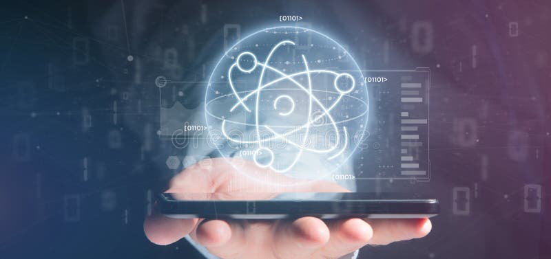 Businessman Holding an Atom Icon Surrounded by Data Stock Image - Image ...