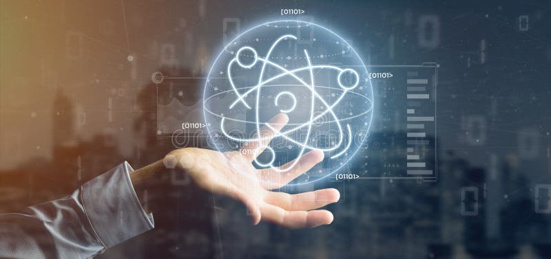 Businessman Holding an Atom Icon Surrounded by Data Stock Photo - Image ...