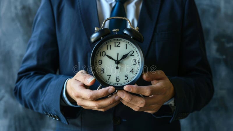 Businessman Holding Black Alarm Clock with Clockwise Countdown from ...