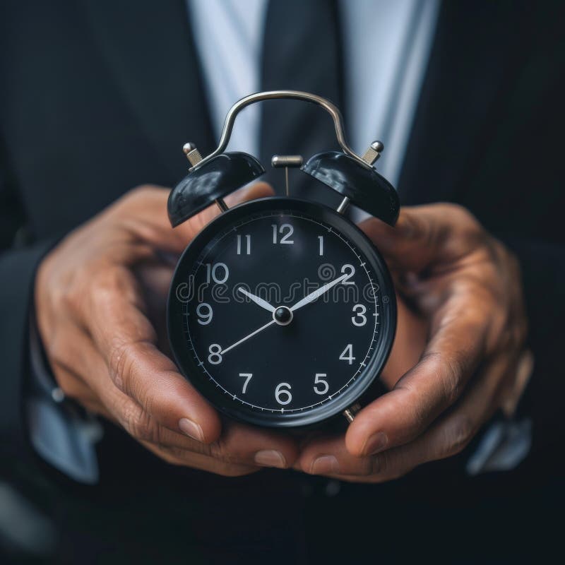 Businessman Holding Black Alarm Clock with Clockwise Countdown from ...