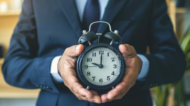 Businessman Holding Black Alarm Clock with Clockwise Countdown from ...