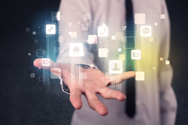 Businessman Holding Blue Applications Stock Photo - Image of connection ...