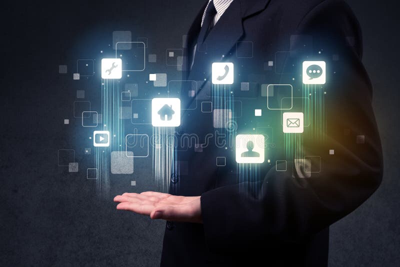 Businessman Holding Blue Applications Stock Photo - Image of ...