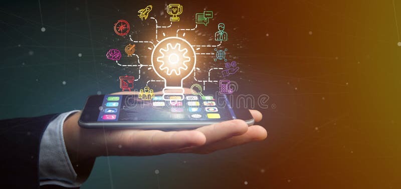 Businessman Holding a Bulb Lamp Idea Concept with Start Up Icon ...