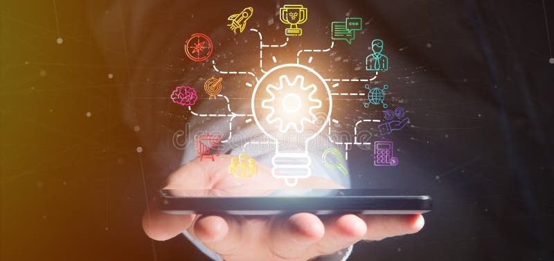 Businessman Holding a Bulb Lamp Idea Concept with Start Up Icon ...