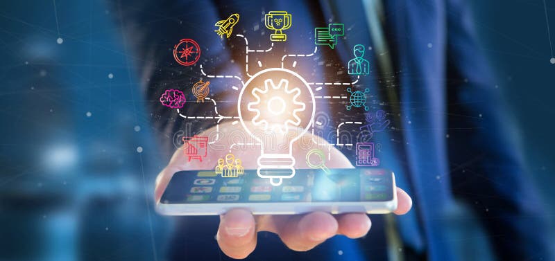 Businessman Holding a Bulb Lamp Idea Concept with Start Up Icon ...