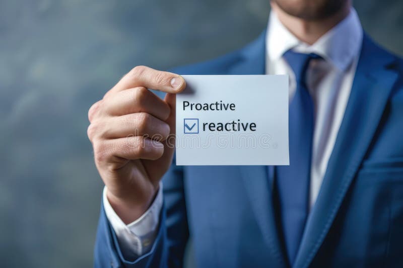 Businessman Holding a Card with Proactive Checked Over Reactive ...