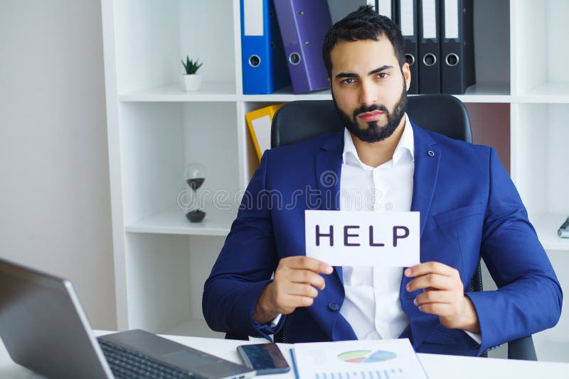 Businessman Holding a Card with Text Help Stock Image - Image of ...