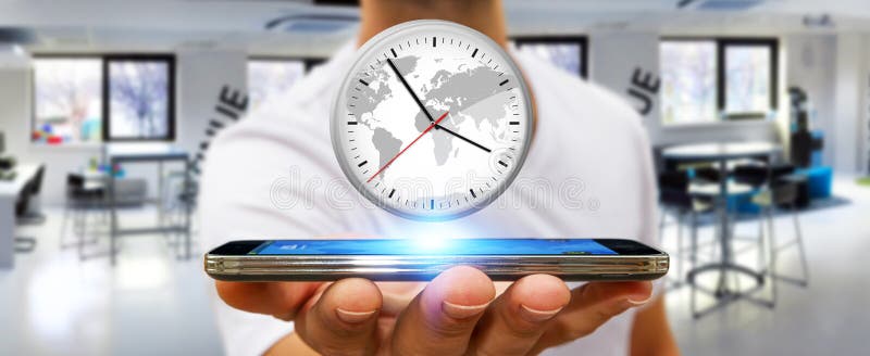 Businessman Holding a Clock Over His Mobile Phone Stock Illustration ...