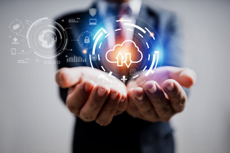 Businessman Holding Cloud Computing Diagram Show on Hand. Cloud Technology. Data Storage Stock ...