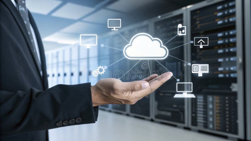 Businessman Holding Cloud Computing Icon Connecting Digital Devices in ...