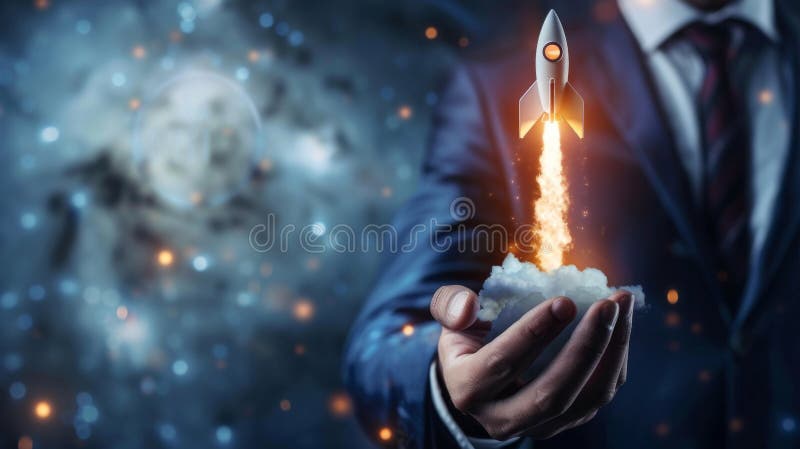 Businessman Holding a Cloud with a Rocket Launching in Space ...