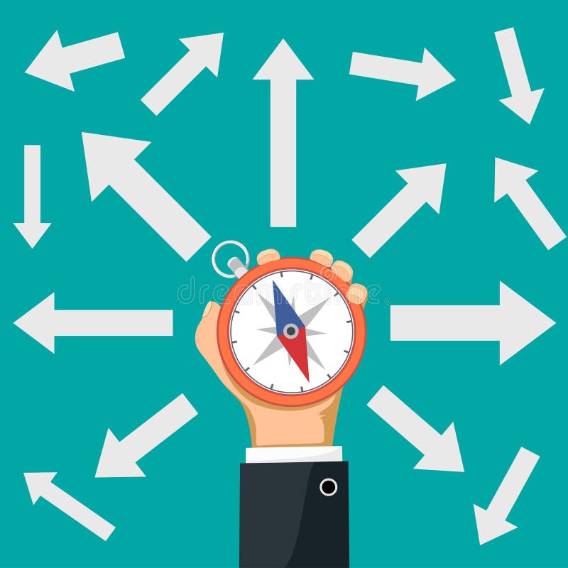 Businessman Holding a Compass in His Hand. Arrows Indicate the ...