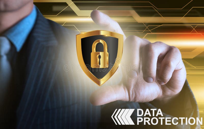 Businessman Holding Data Protection Shield with 2 Finger Stock Image ...