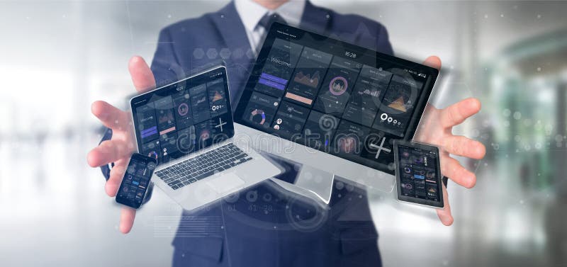 Businessman Holding Devices Connected To a Cloud Multimedia Network 3d ...