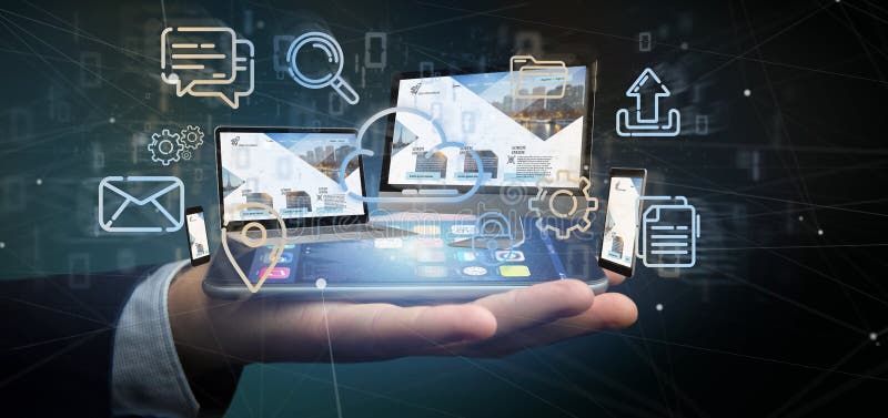 Businessman Holding a Devices Connected To a Cloud Multimedia Network ...