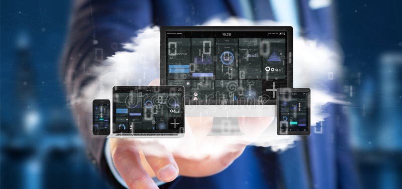 Businessman Holding Devices Connected To a Cloud Multimedia Network 3d ...