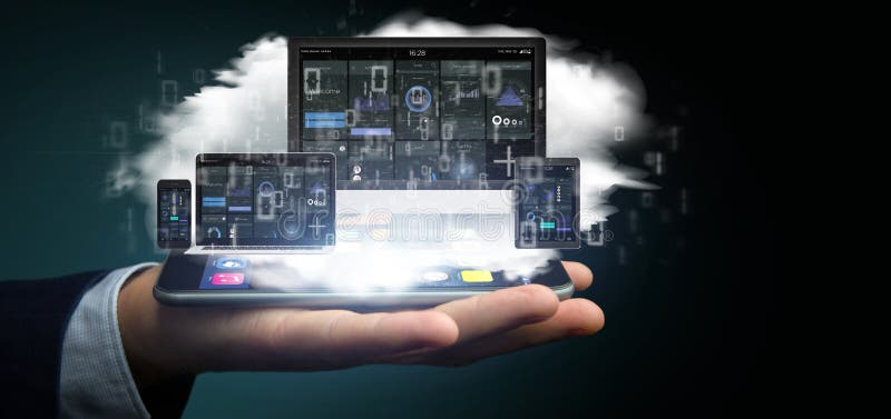 Businessman Holding Devices Connected To a Cloud Multimedia Network 3d ...