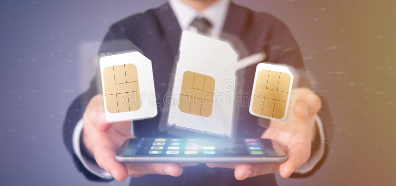 Businessman Holding Different Size of a Smartphone Sim Card 3d ...