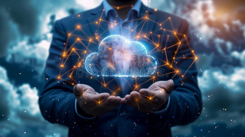 Businessman Holding Digital Cloud Computing Network Icon Stock Image ...