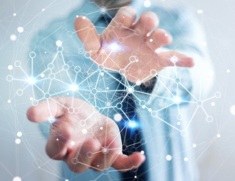 Businessman Holding Digital Data Network in His Hand 3D Rendering Stock ...