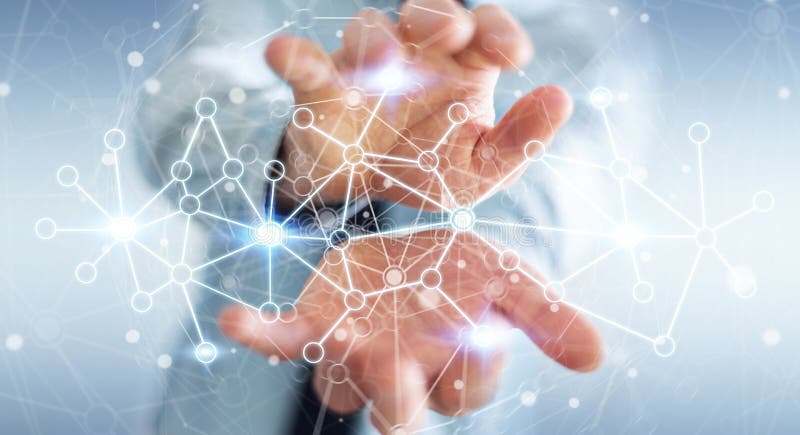 Businessman Holding Digital Data Network in His Hand 3D Rendering Stock ...
