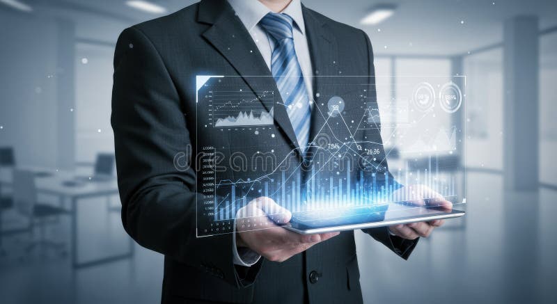 Businessman Holding Digital Interface with Graphs in Office Setting ...