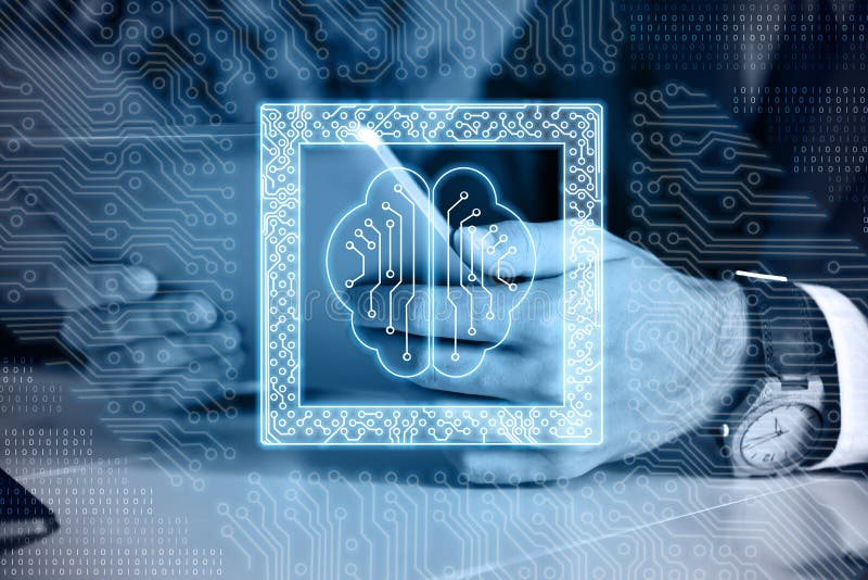 Businessman Holding Digital Tablet with Circuit Board and Human Brain ...