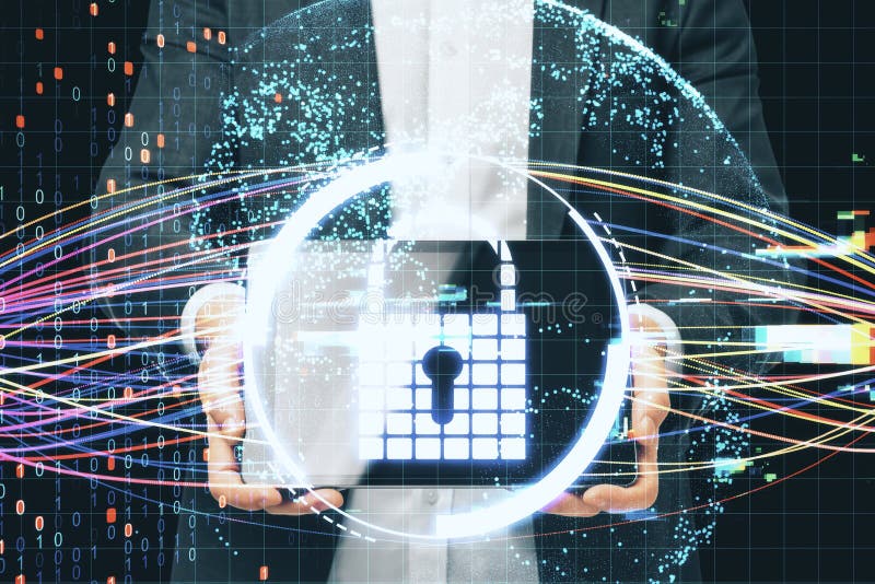 Businessman Holding Digital Tablet with Glowing Digital Padlock ...