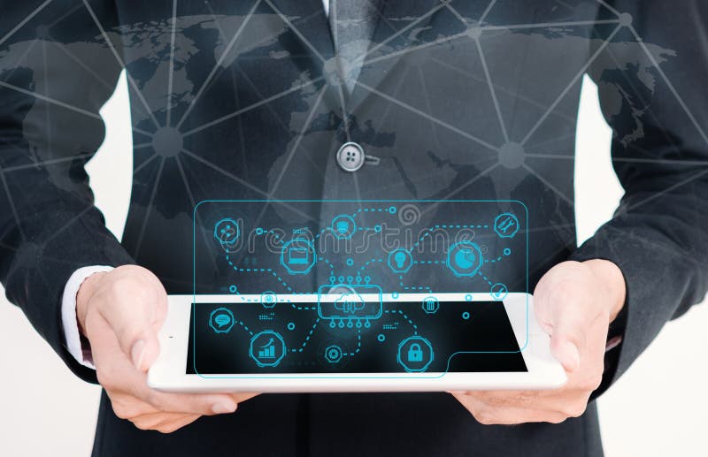 Businessman Holding Digital Tablet with Network Virtual Screen Stock ...