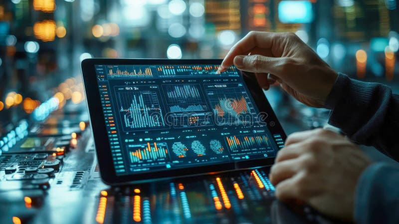 Businessman Holding Digital Tablet Showing Stock Charts and Market ...