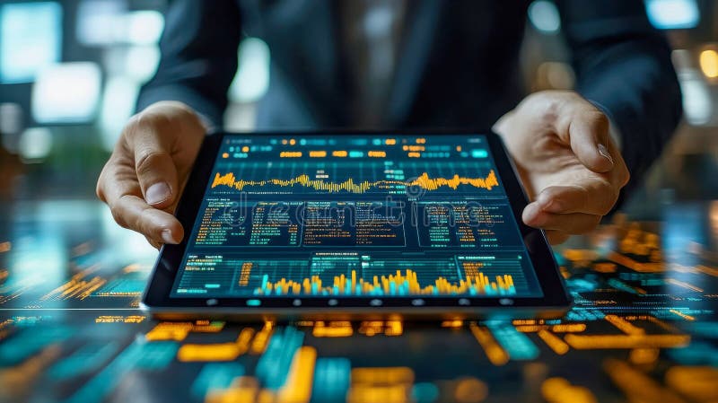Businessman Holding Digital Tablet Showing Stock Charts and Market ...