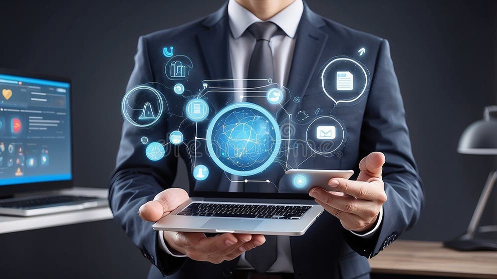 Businessman Holding E-learning Platform, Online Courses, Digital Tools ...