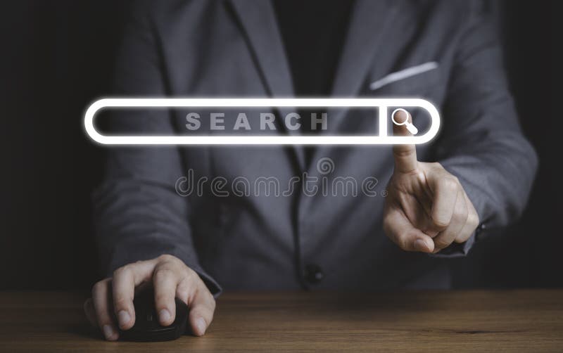 Businessman Holding Electronic Mouse and Touching Virtual Search Engine ...