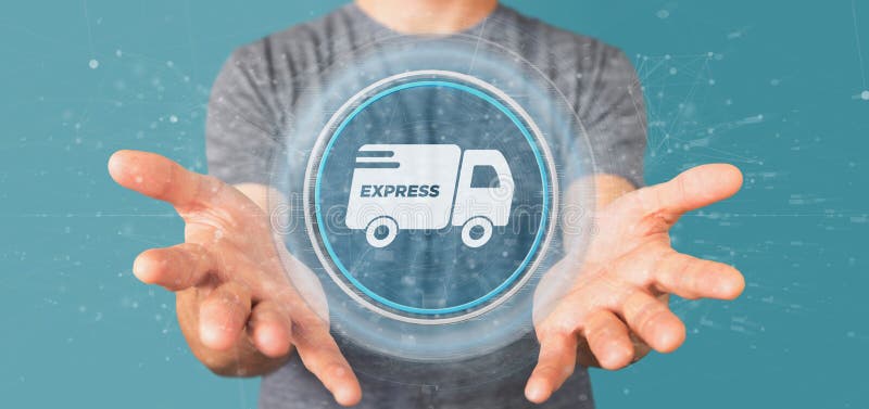 Businessman Holding a Fast Delivery Button with Connection 3d Re Stock ...